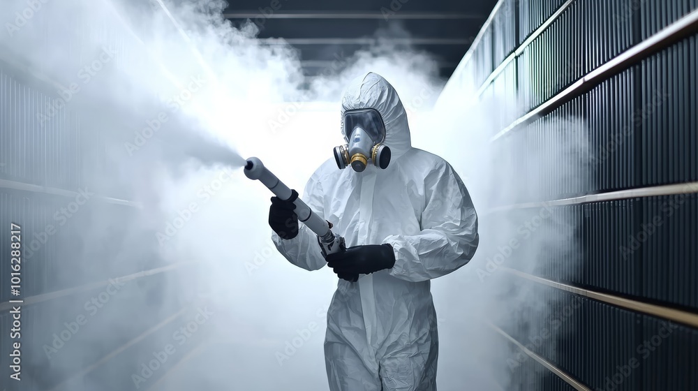 A pest control worker wearing a white protective suit and a mask ...
