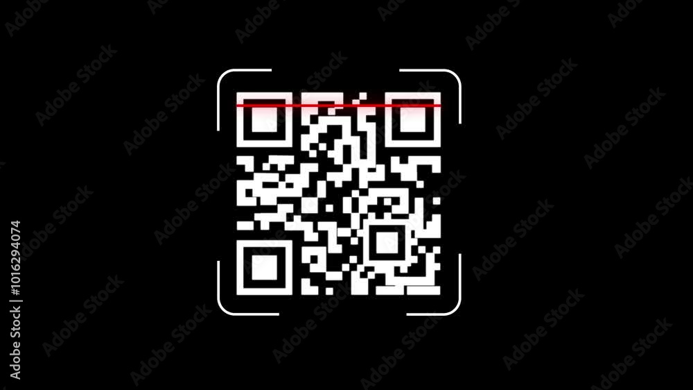 QR code scanner animation. Scan qr code icon with red laser, barcode scanner animation on black ...