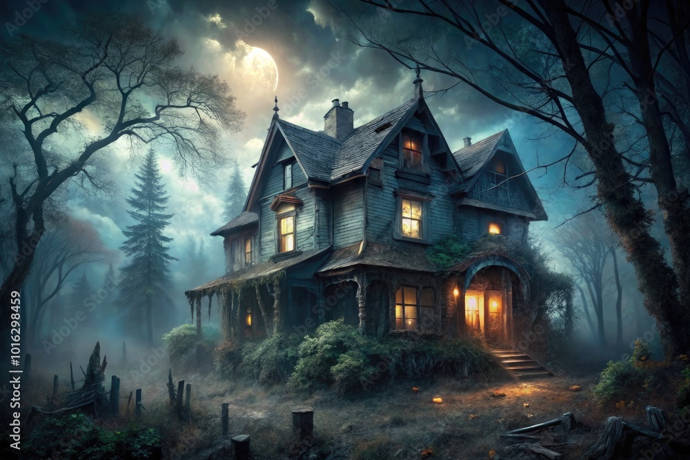 Eerie Panoramic View of a Scary Haunted House at Dusk with Creepy ...