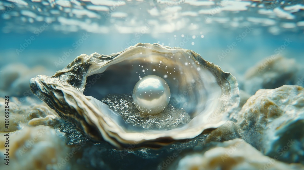 Shining pearl inside an oyster, illustrating the rarity and luxury of ...