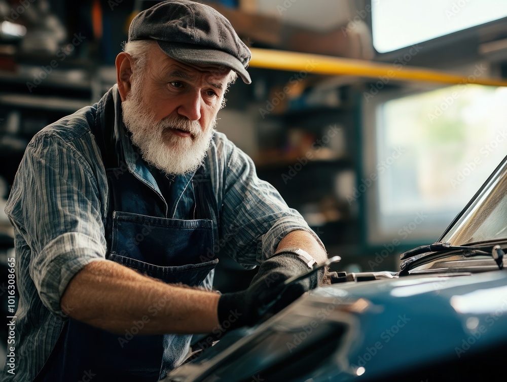 Mature mechanic performing a vehicle maintenance check in a garage ...