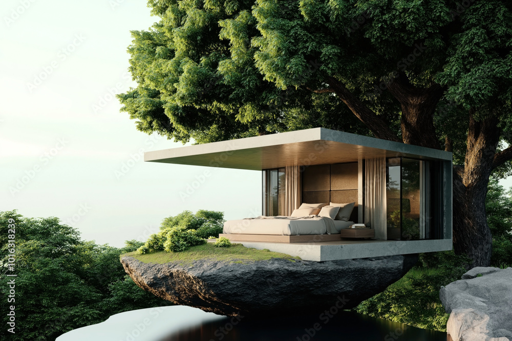 Modern treehouse bedroom with glass walls and large canopy, built on a ...