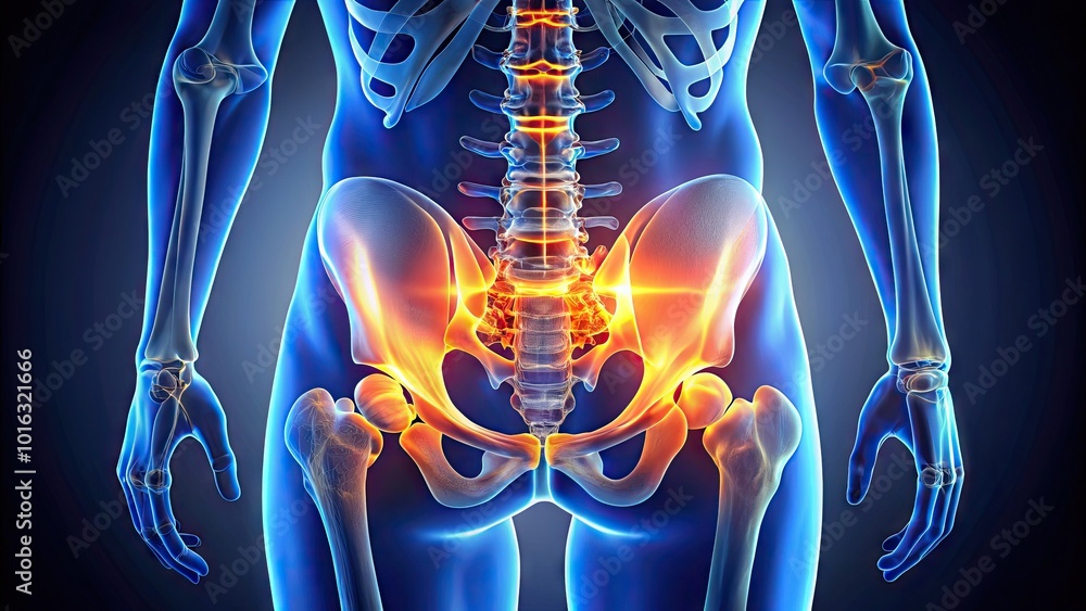 Illuminated 3D illustration of the human pelvis highlighting the sacrum ...