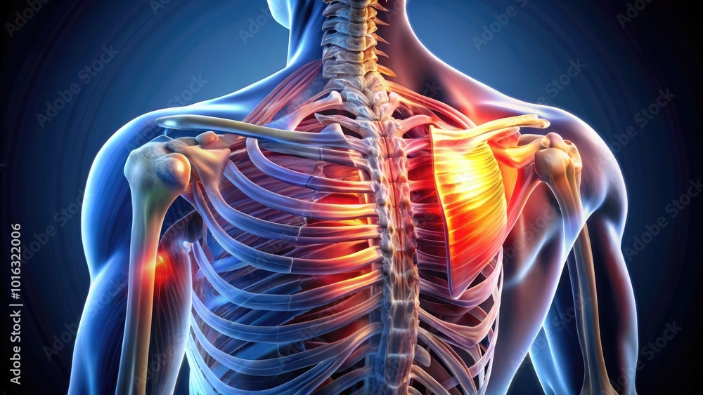 Illuminated 3D model of the human shoulder, highlighting the ...