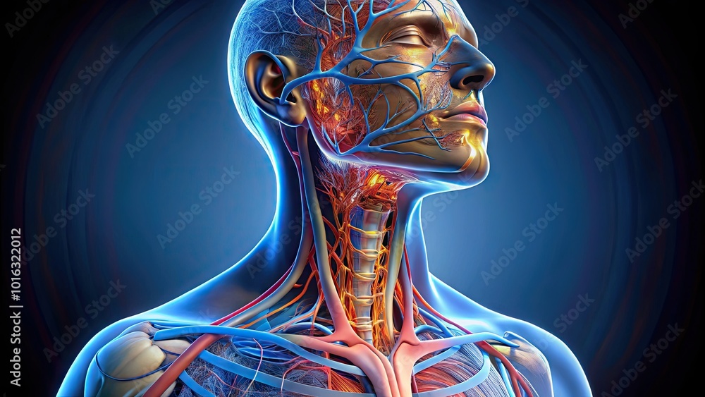 Illuminated 3D model of the human neck anatomy showcasing cervical ...