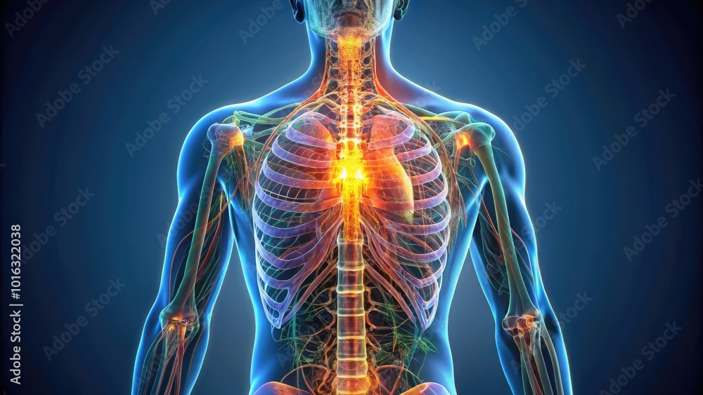 Illuminated 3D model of the human torso from the back, showcasing the ...
