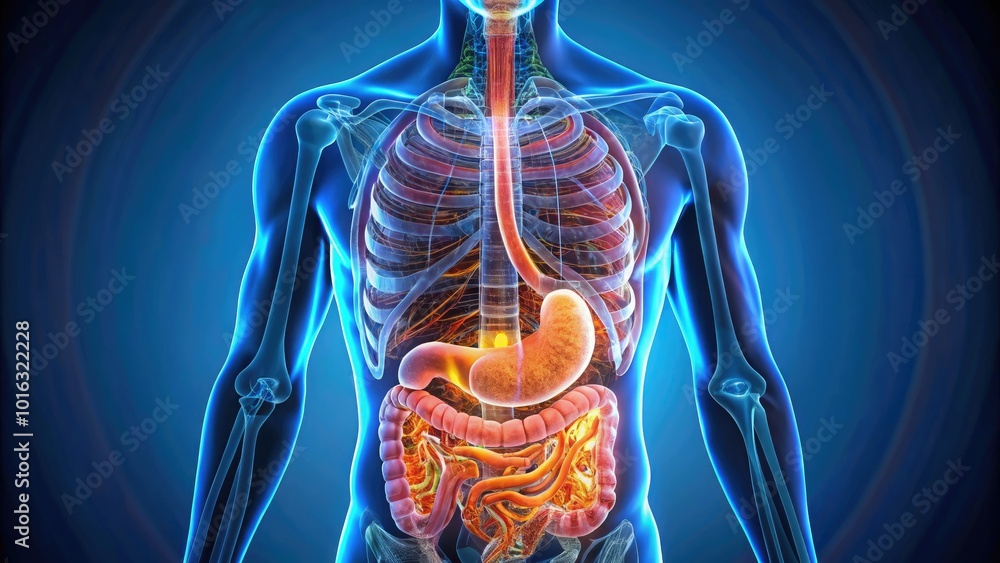 Illuminated 3D rendering of the human stomach, showcasing its ...