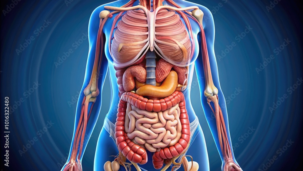 Illustrated cross-section of the female digestive system, showcasing ...