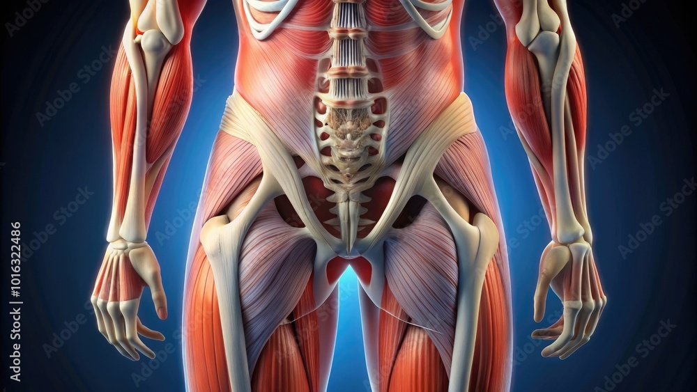 Illustrated 3D model of the human hip musculature highlighting the ...