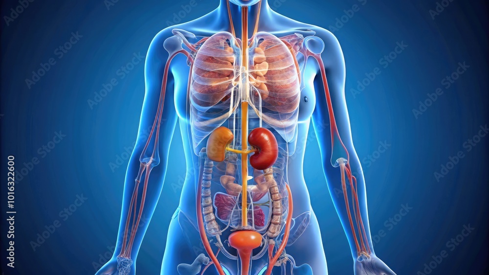 Illustration of the female urinary system, showcasing the kidneys ...