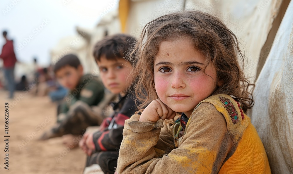 Portrait of refugee children living in the camp. The tragic ...