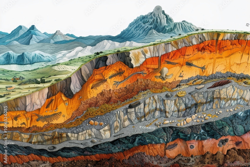 Poster A cross section of the Earth's crust revealing distinct rock ...