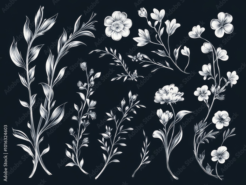 2408 2.A versatile vector set of botanical floral elements, including flowing branches and ...