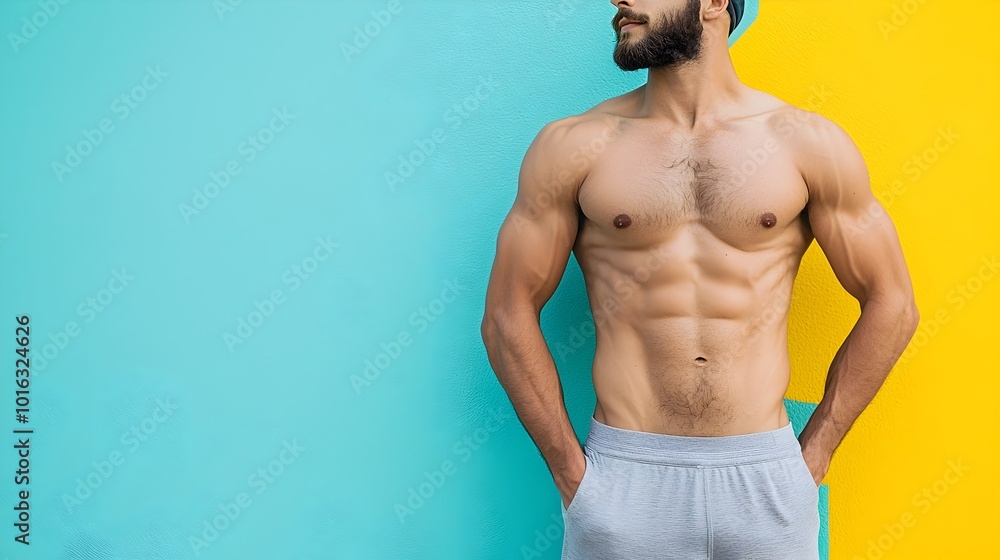 Toned muscular abs of a fit shirtless male model captured against a ...
