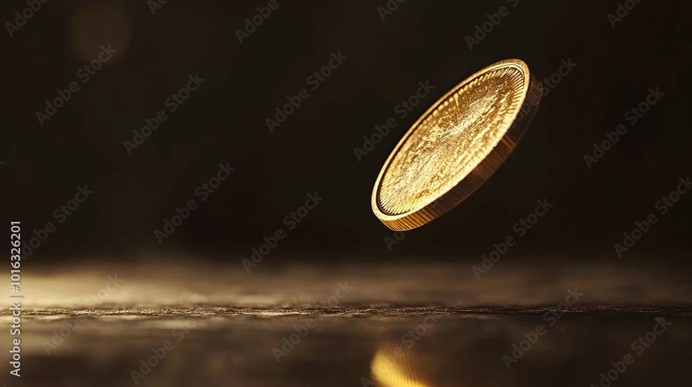 A vintage gold coin spinning mid-air, catching the light as it rotates ...