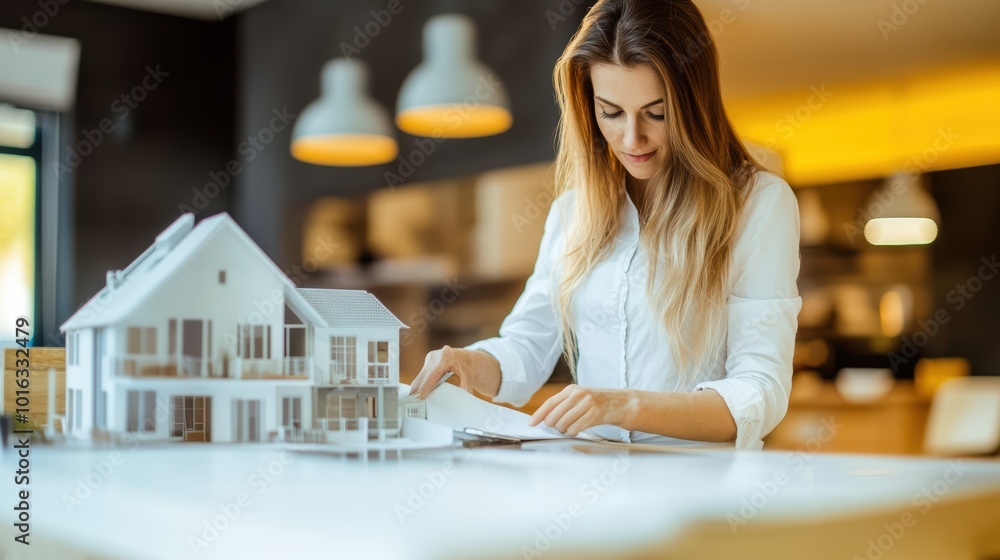 Designing the Dream Home: A focused woman in a white shirt meticulously ...