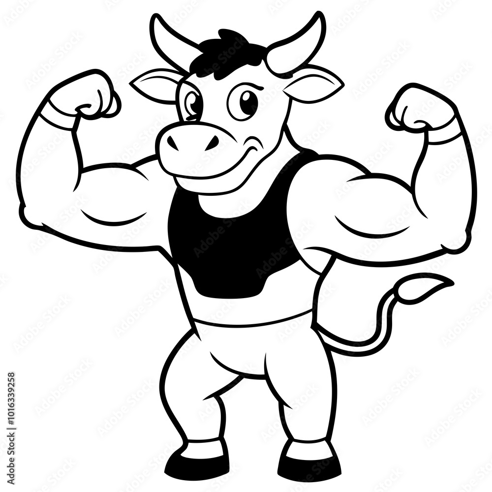 Muscular Angry Cow Flexing Muscles in Bandana Line Art Vector Design ...