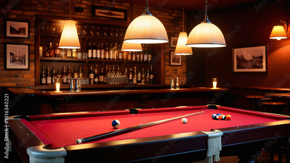 A pool or billiards table in a pool hall, 8 pool ball game in real life ...
