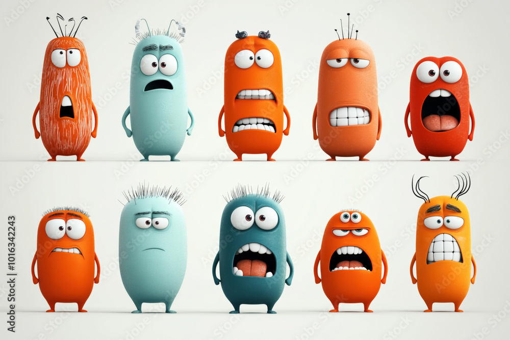 Image of ten colorful cartoon monsters with various expressions, lined ...