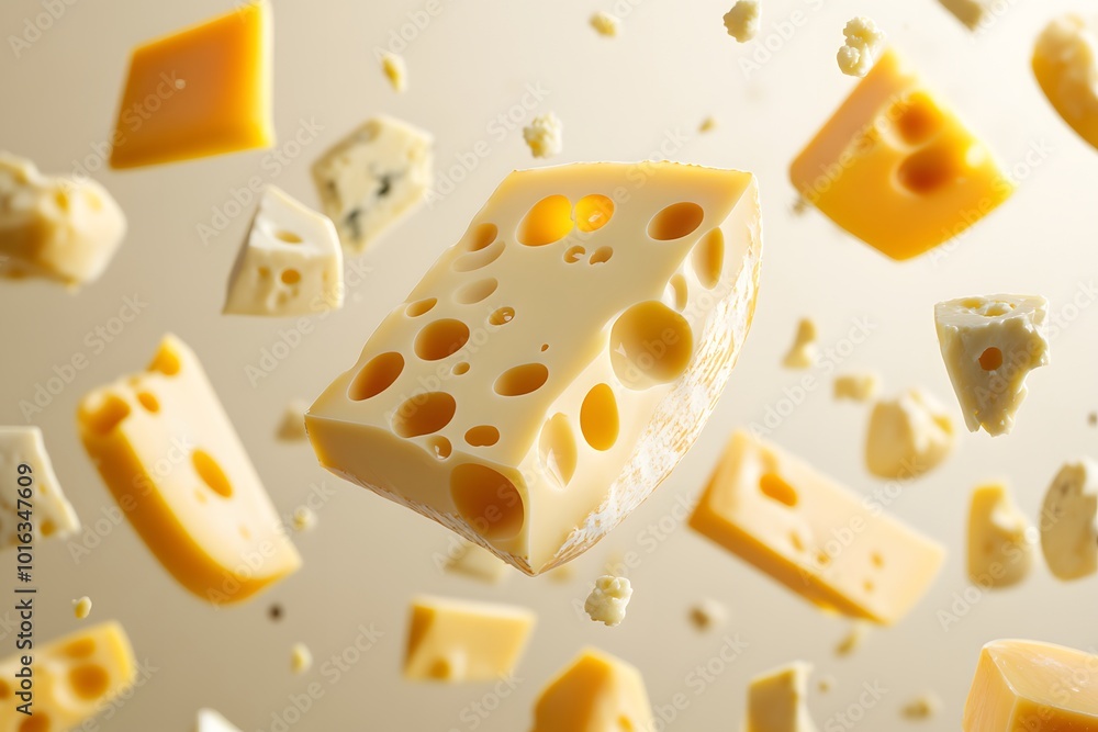 Assorted flying cheese pieces with holes and smooth textures floating ...