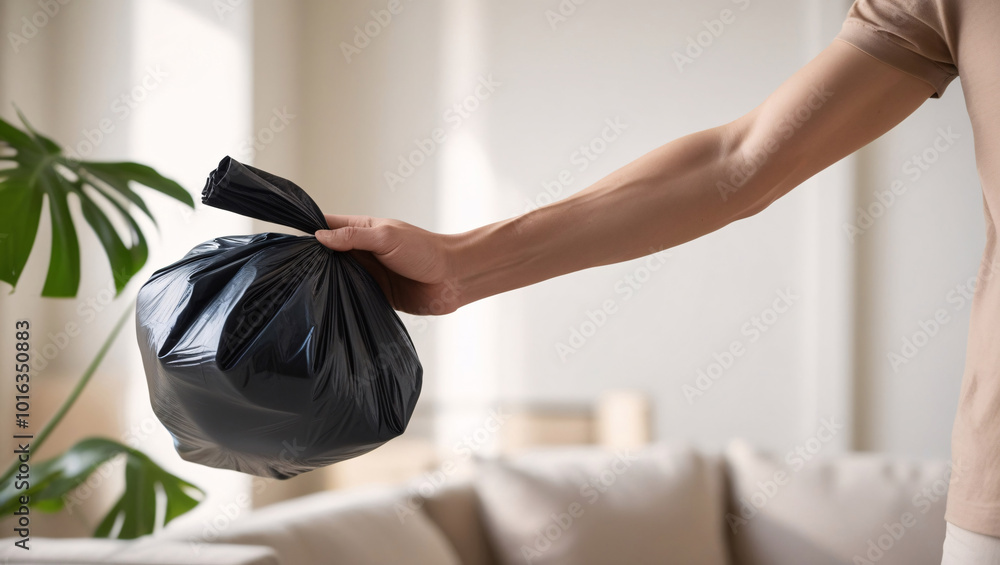 Grabbing a trash bag at home for disposal, person through trash bag ...
