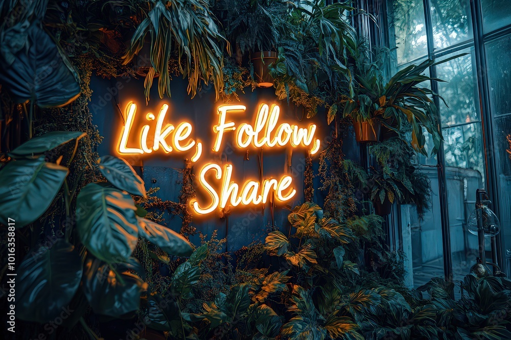 Stylish "Like, Follow, Share" sign in cursive neon script font, glowing ...