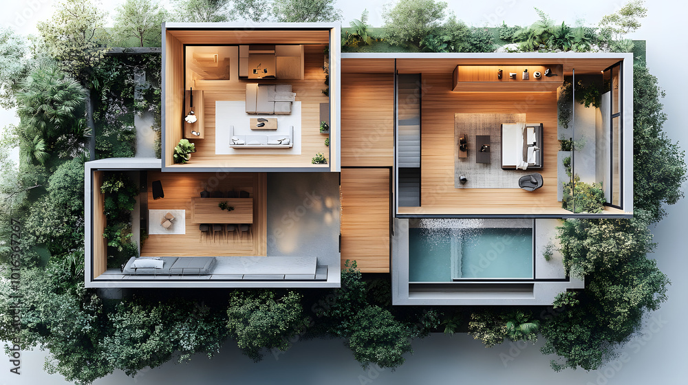 An aerial view of the floor plan for an architectural house, showcasing ...