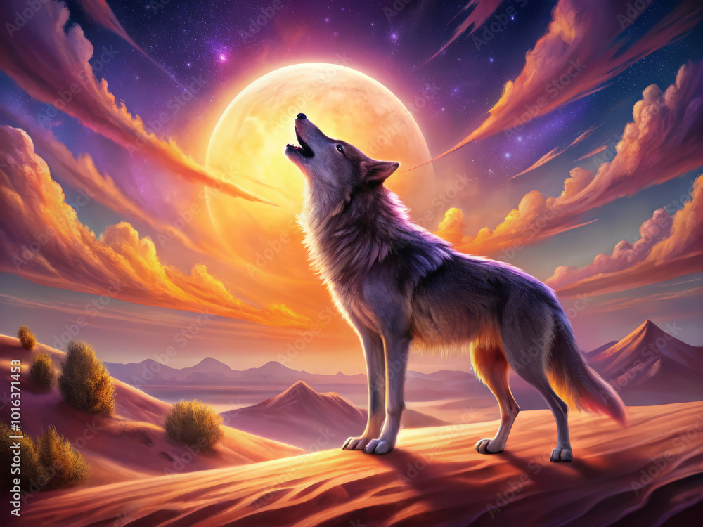 majestic wolf howls at radiant desert sunset, illuminated by large ...