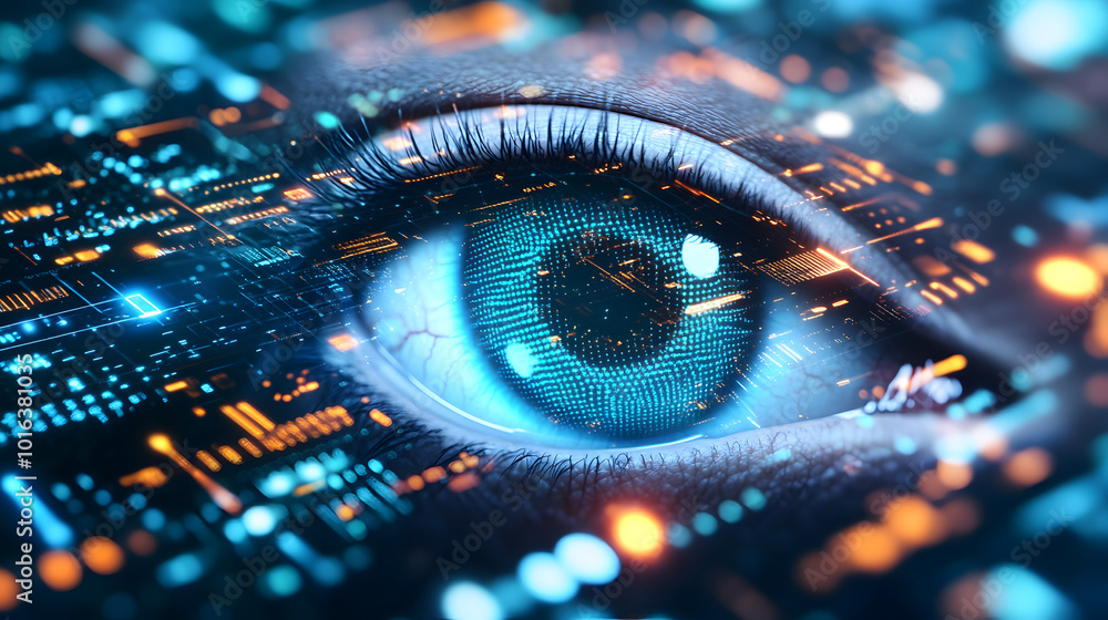 Futuristic optical eye scanner background, 3d advanced spy camera ...