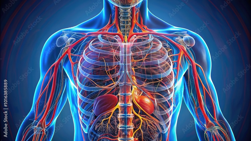 Vibrant 3D illustration of the abdominal aorta, renal arteries, and ...