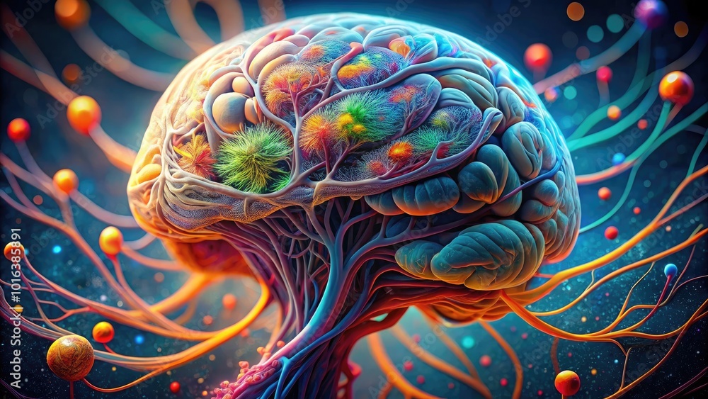 Vibrant 3D illustration of the human brain's intricate neural network ...