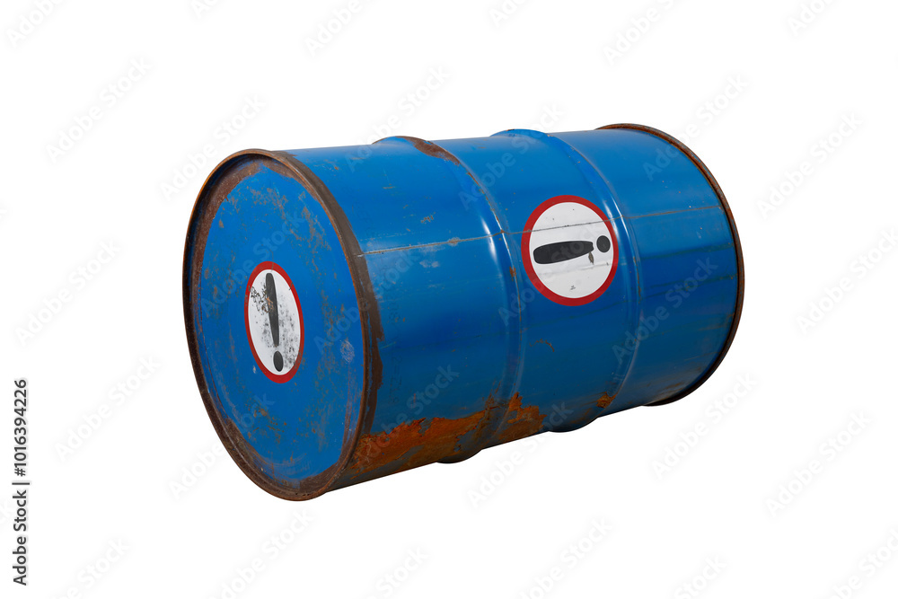 Blue barrel with biohazard warning exclamation mark, toxic waste ...