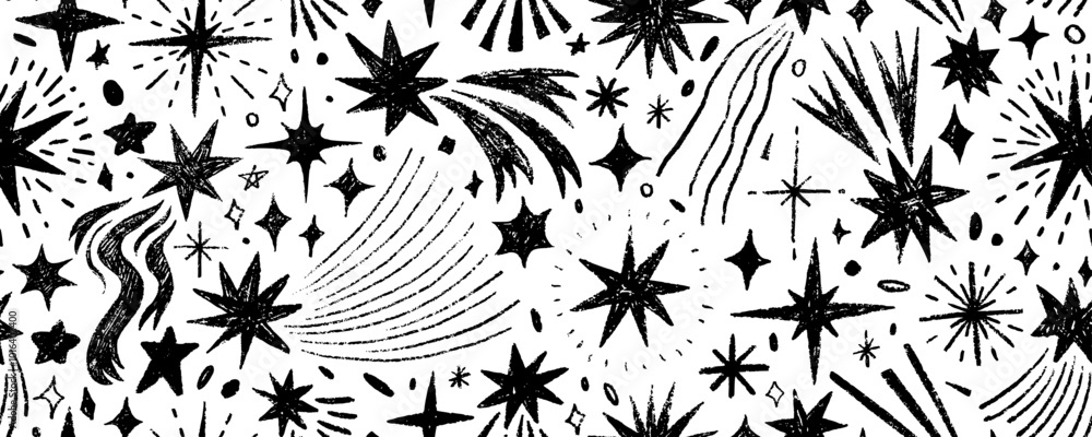 Seamless pattern with stars and comets drawn by a crayon. Sketch style ...