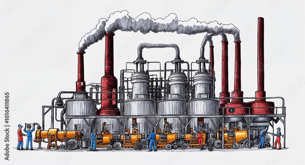 Hand drawing clipart of a bustling factory with machines and workers on ...
