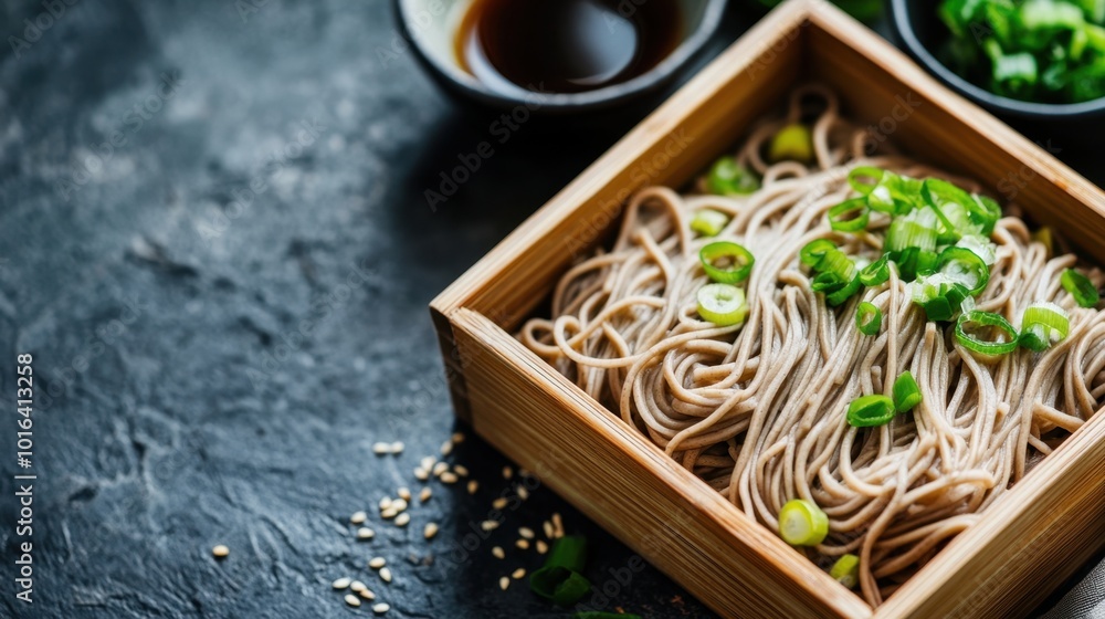 Ready-made soba noodles in a wooden bento box, with fresh green onions ...