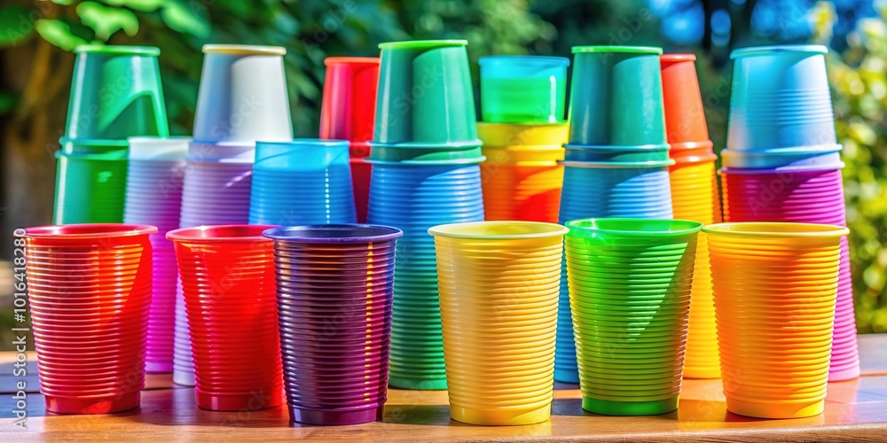 Colorful disposable plastic cups in assorted sizes and colors are ...