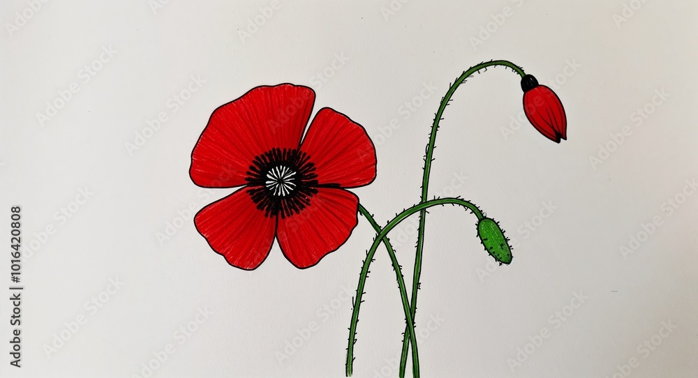 Hand drawing clipart of a red poppy with black center on plain white ...