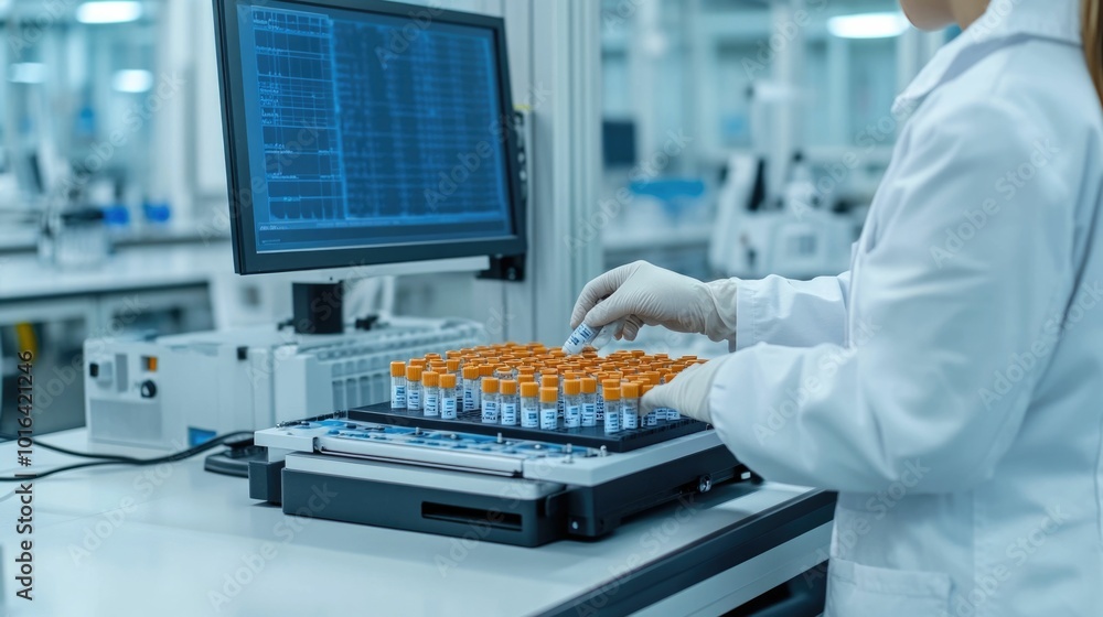 Technician wearing lab coat and gloves carefully monitoring and ...