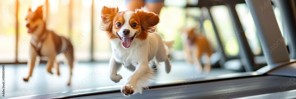 Dogs running joyfully on a treadmill in a lively indoor setting. Stock ...