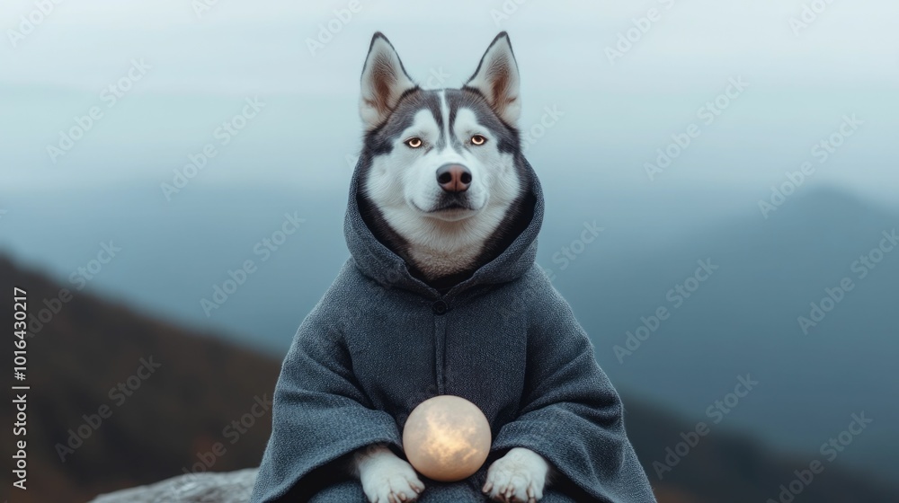 Siberian Husky wearing a mystical wizard costume standing on a foggy ...
