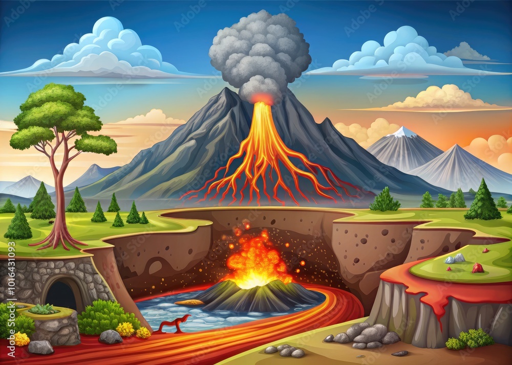 Volcano Structure Infographic: Magma Chamber and Lava Flow Diagram for ...