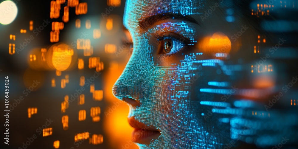 AI Analysis of Pixelated Face, computer interface displaying facial ...