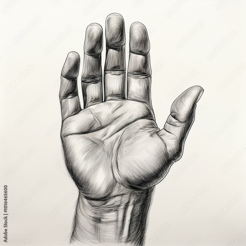 Open hand with the palm facing upwards, detailed lines on the fingers ...