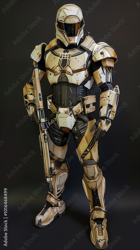 Futuristic armored soldier in battle-ready pose, holding weapon ...