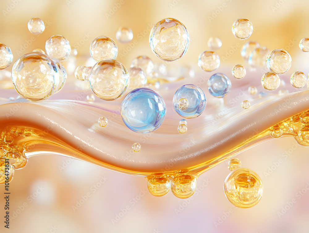 3d skin cell structure with water molecule and gold oil drops render ...