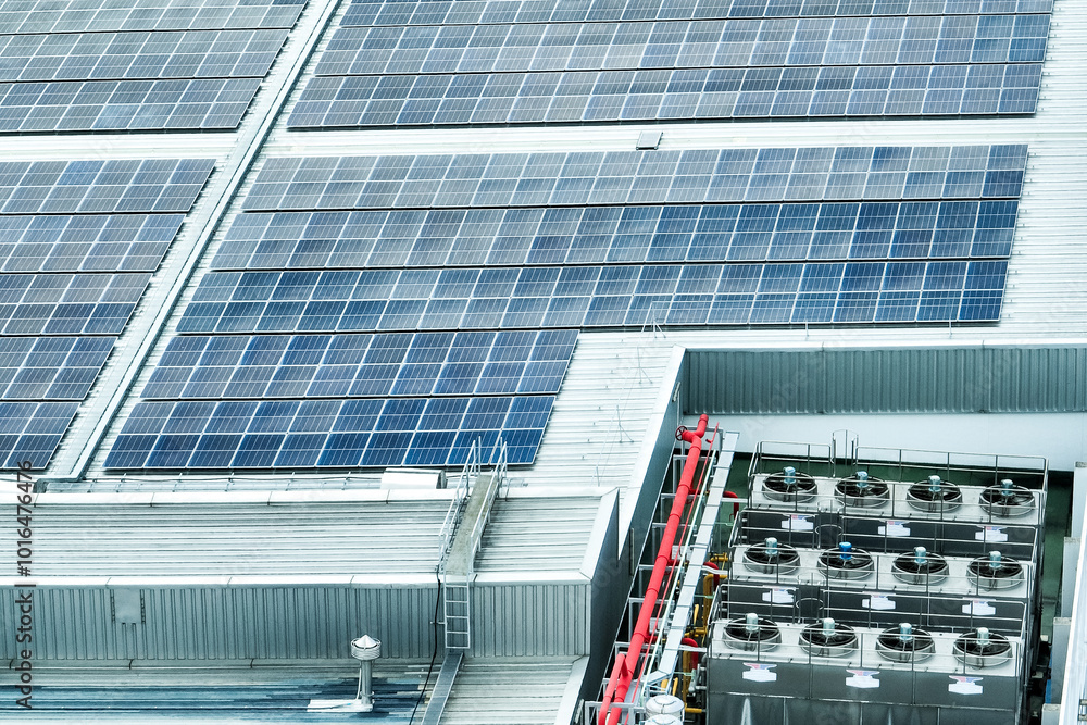 Solar energy for factory and warehouse building. Solar panels on roof ...