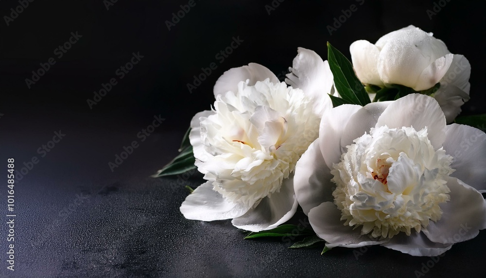 Fresh white peony flowers on dark table background. Condolence card ...