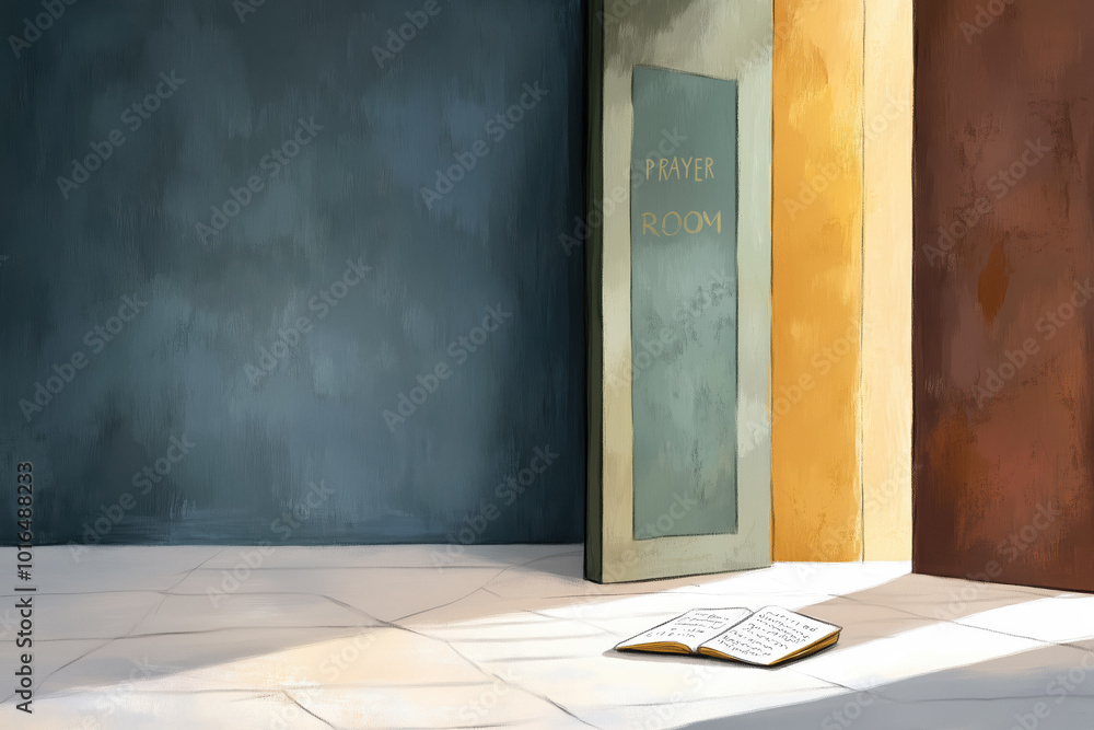 An open prayer room door with an illuminated Bible lying on the floor ...