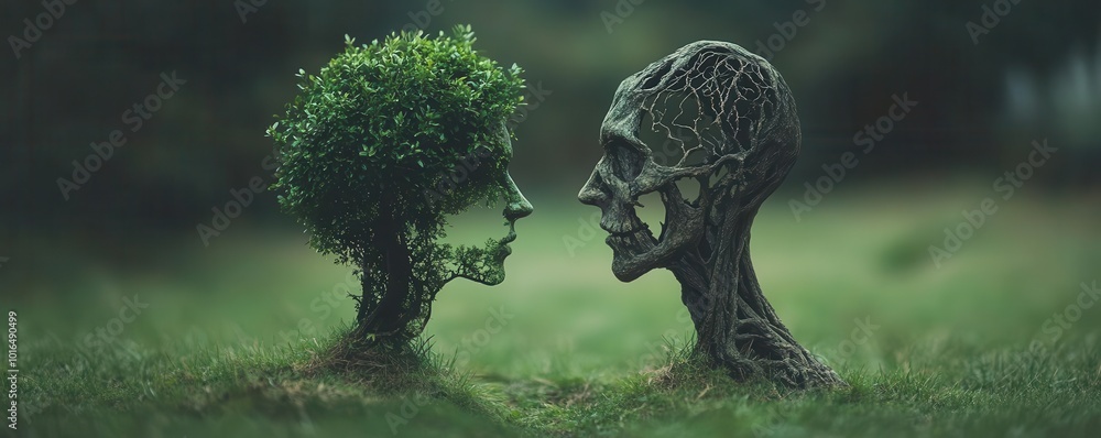 Two tree heads merging, one green and alive, the other barren and ...