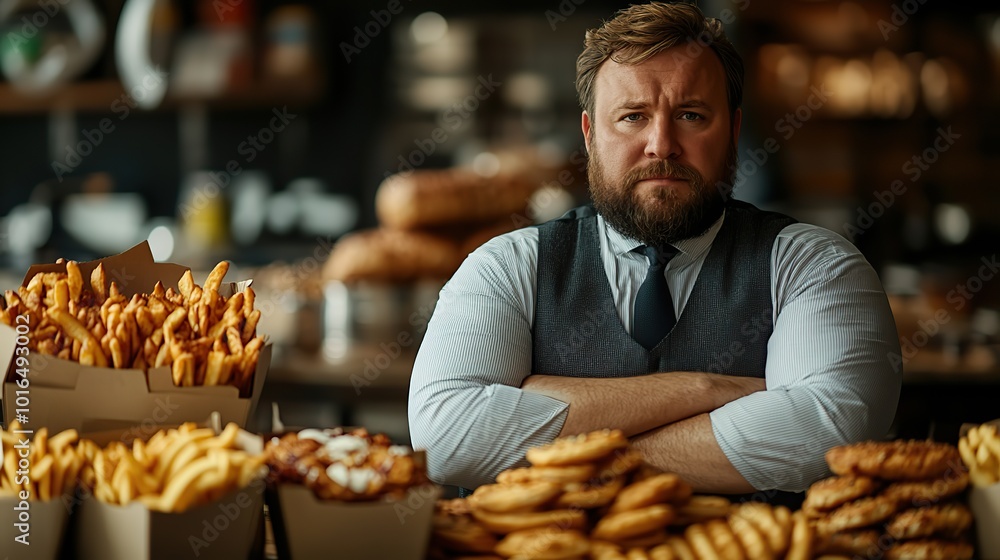 an overweight office worker stands at a cluttered desk surrounded by ...